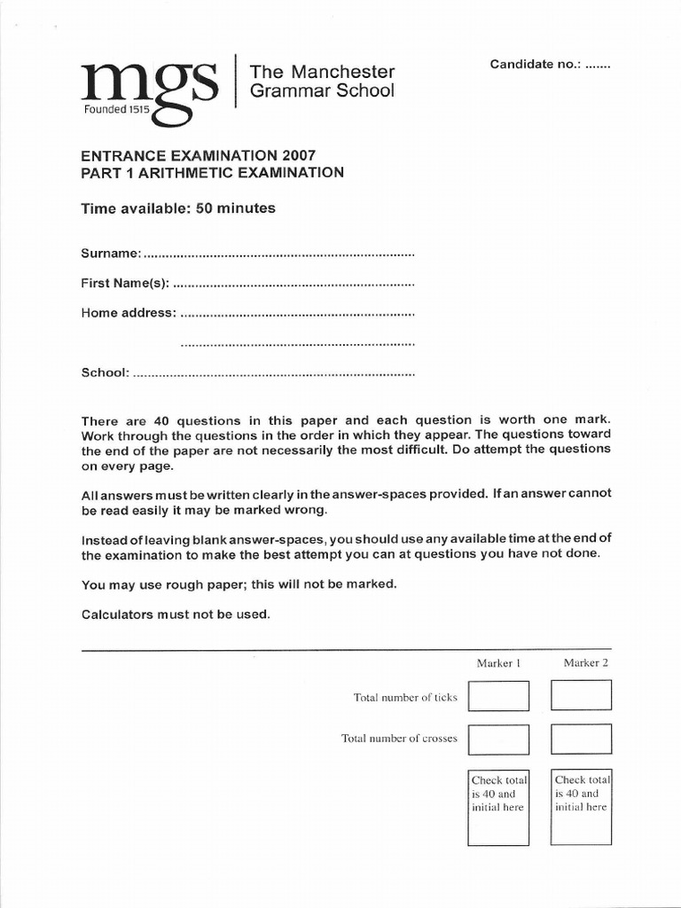 Manchester Grammer School 11 Plus Entrance Exam 2007 | PDF