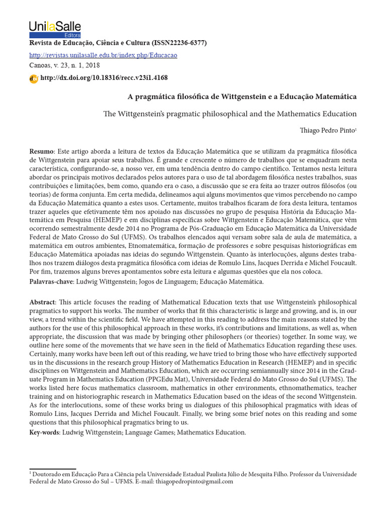 Wittgenstein e Educação Matemática | PDF | Ludwig Wittgenstein | Pensamento