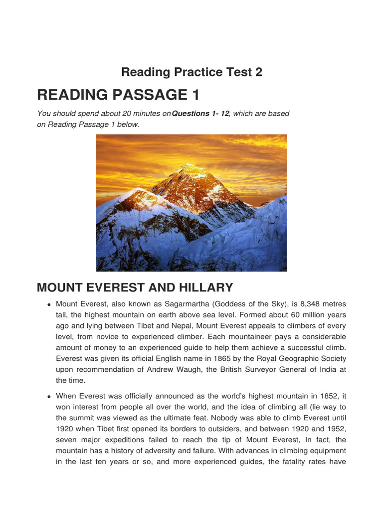 CELPIP Reading Practice: Everest Passage | PDF | Sleep | Mount Everest