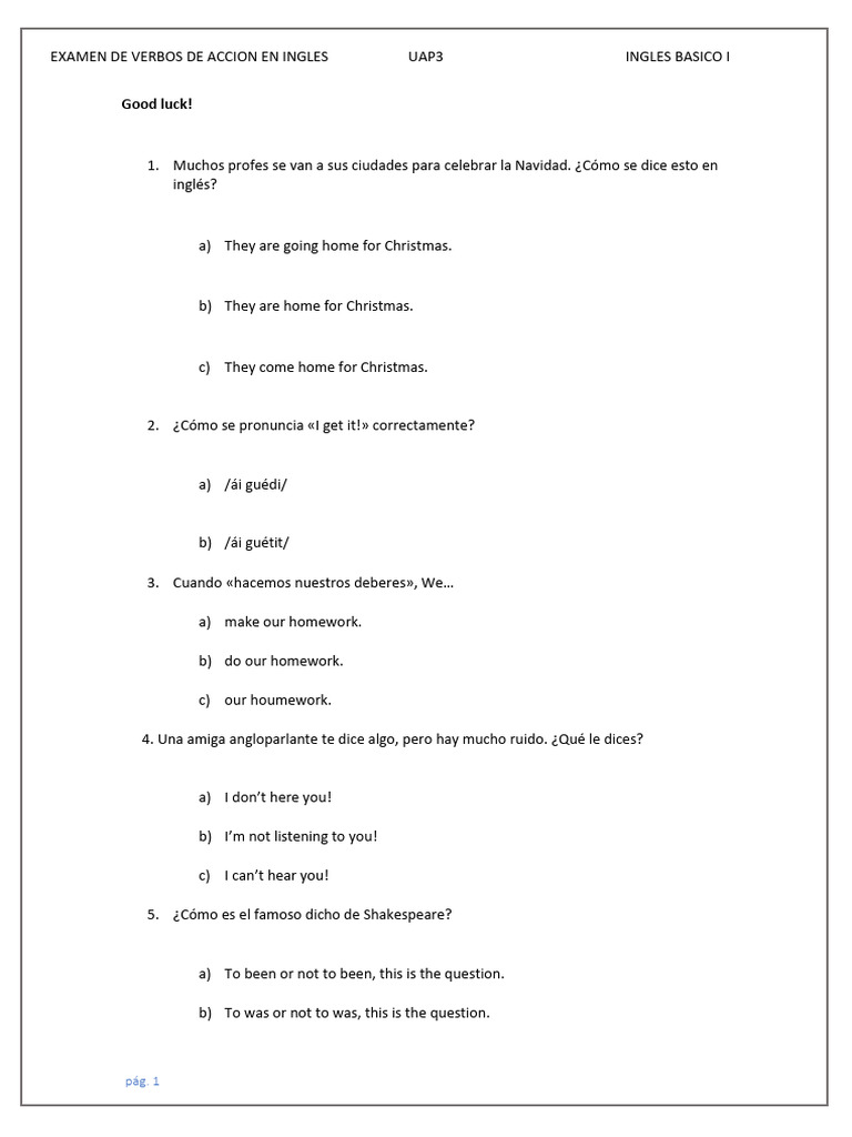 Examen de Verbos de Acción en Inglés | PDF