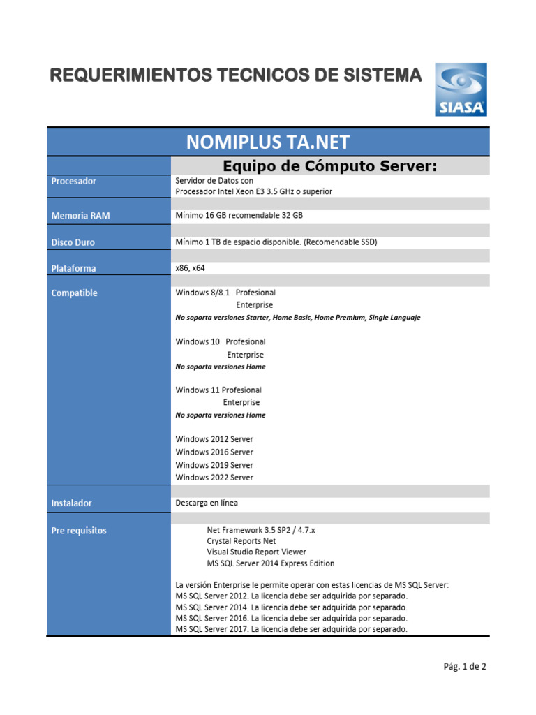 Requerimientos Técnicos | PDF | Microsoft Windows | Servidor SQL de Microsoft