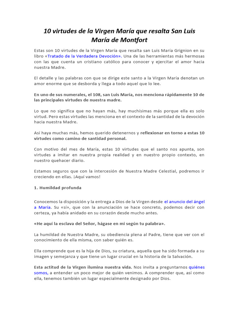 10 Virtudes Virgen María San Luis María de Montfort | PDF | María, madre de Jesús | Amor
