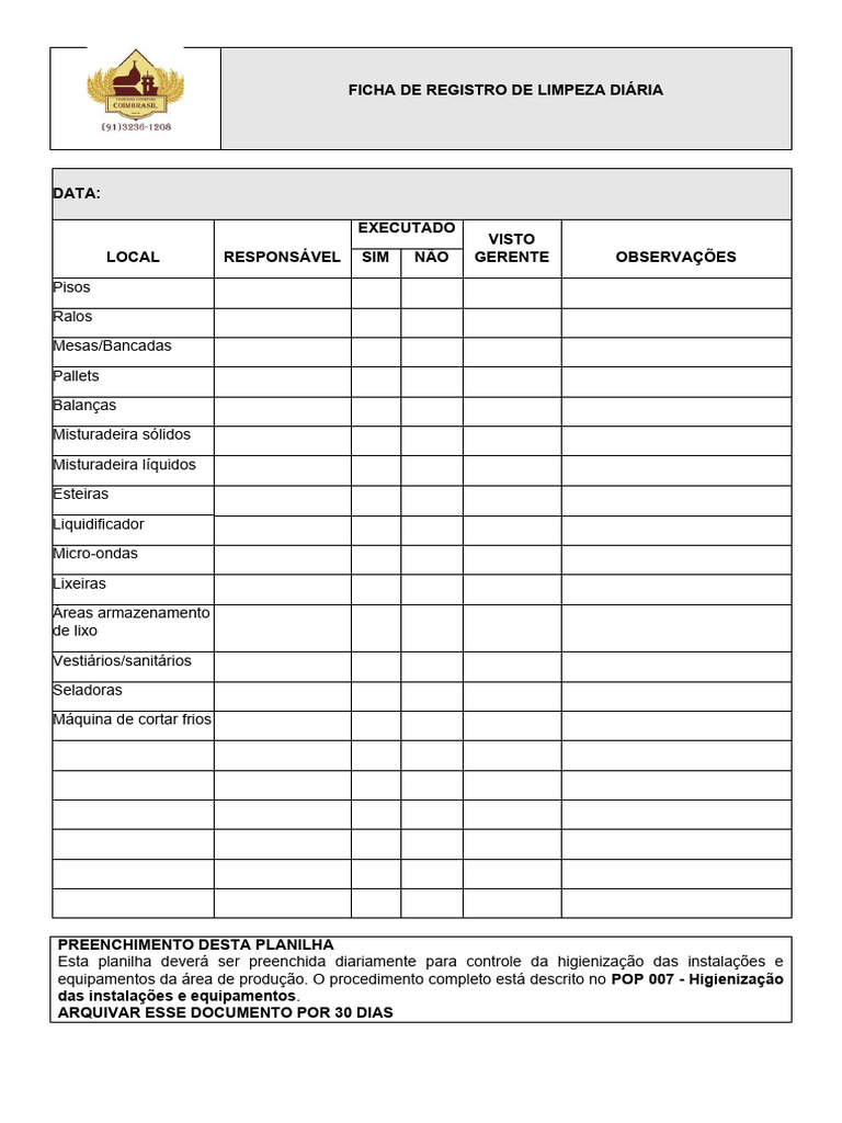 Planilha de registro de limpeza diária | PDF