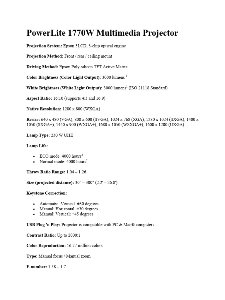 PowerLite 1770W Multimedia Projector-SPECS | PDF | Manufactured Goods ...