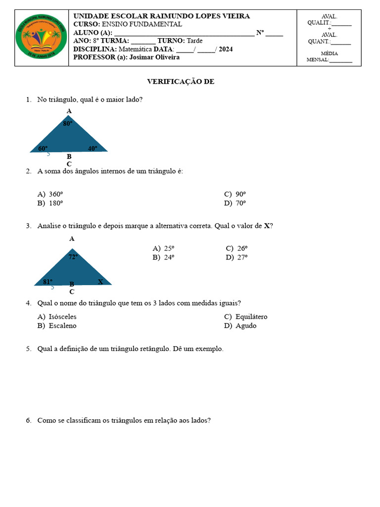 Matemática 8 Ano | PDF | Triângulo | Geometria Euclidiana