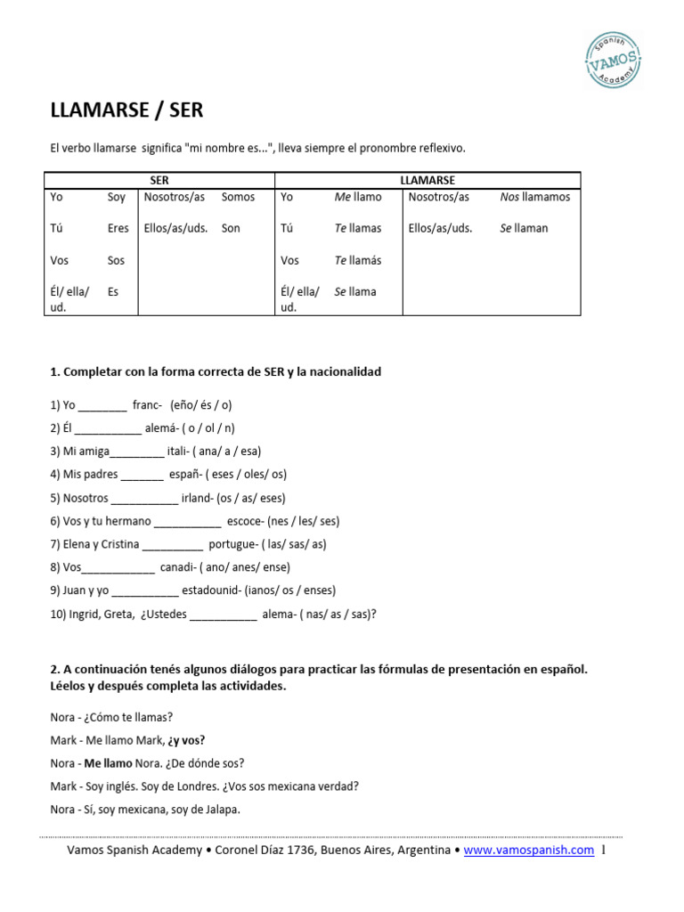 Verbos "llamarse" y "ser" en español | PDF | Lingüística
