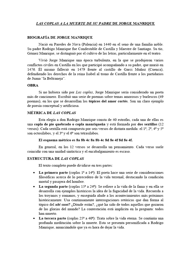 LAS COPLAS A LA MUERTE DE SU PADRE DE JORGE MANRIQUE | PDF