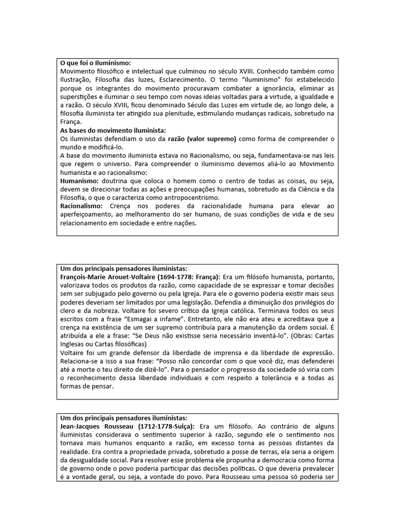 Ficha de estudo Iluminismo | PDF | Iluminismo | Jean-Jacques Rousseau