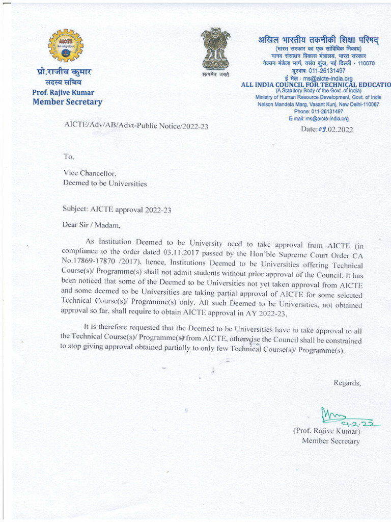 Letter To VC Deemed To Be University - 09-02-2022 | Download Free PDF | Vocational Education ...