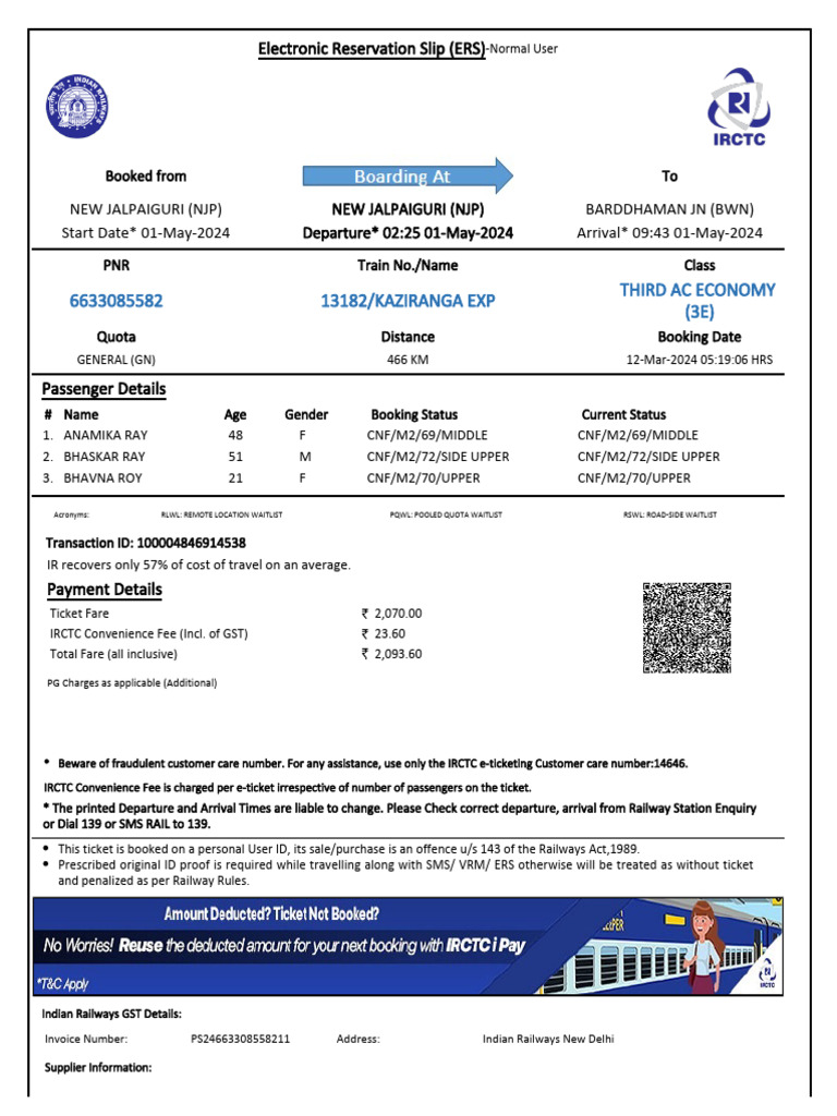 13182/kaziranga Exp Third Ac Economy (3E) | PDF | Identity Document