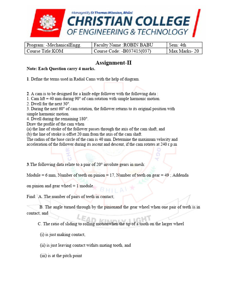 4th Sem Mech Assignment 2 All Subjects | PDF | Gear | Stress (Mechanics)