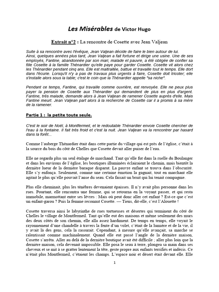 La Rencontre de Cosette Et Jean Valjean Parties 1 Et 2 | PDF | Cosette | Les misérables