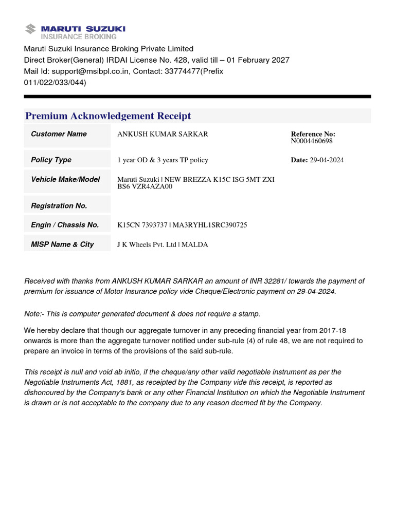 Premium Receipt N0004460698 | PDF | Finance & Money Management