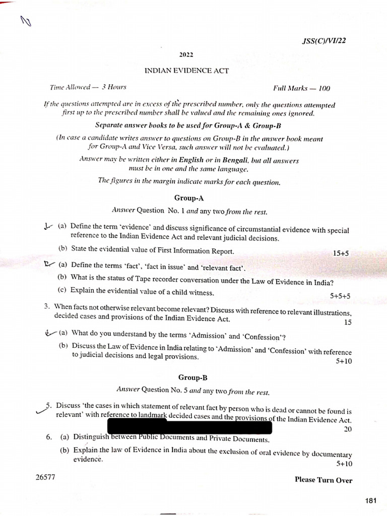 (WBJS) West Bengal Civil Judge Exam 2023 Mains Exam Paper - EVIDENCE ...