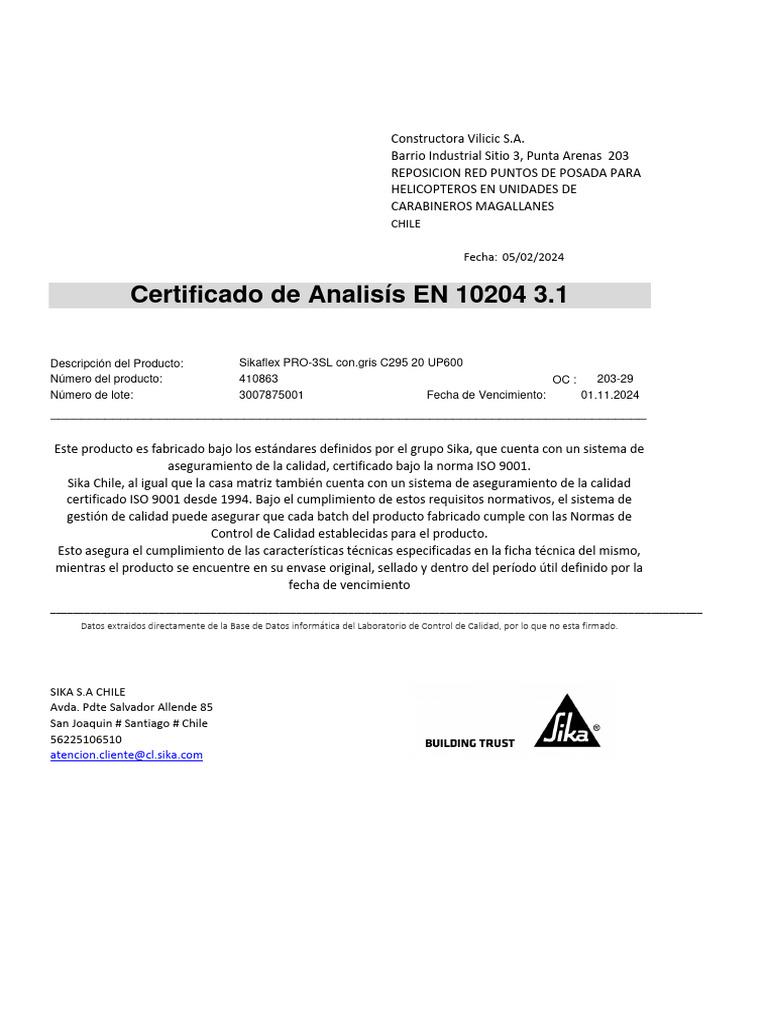 Certificado 3007875001 Sikaflex PRO-3SL Con - Gris C295 20 UP600 ...