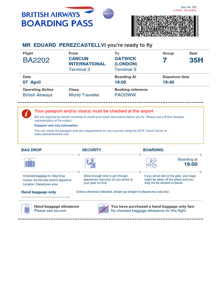 Boarding Pass BA2202 CUN LGW 235 | PDF | Airlines | Civil Aviation