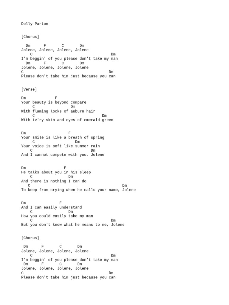 Jolene Lyrics by Dolly Parton | PDF | Poetry