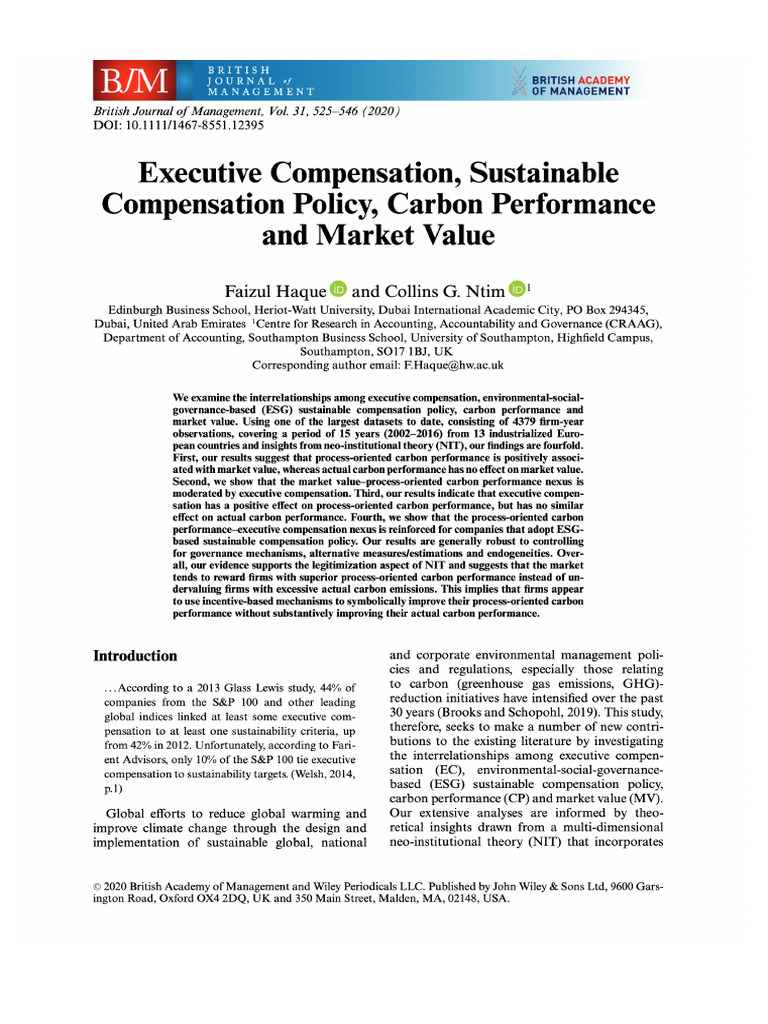 Executive Compensation, Sustainable Compensation Policy, Carbon Performance and Market Value ...