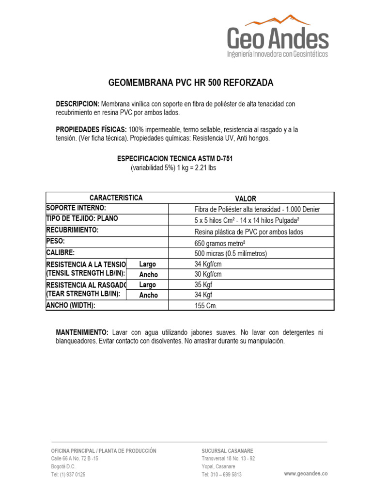 Geomembrana PVC HR 500 Reforzada | PDF | Hogar, jardinería y bricolaje