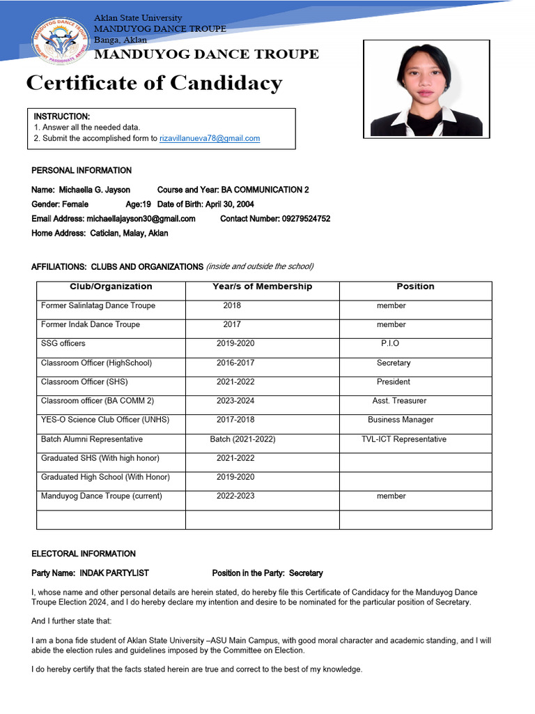 Secretary MichaellaJayson Certificate of Candidacy For MDT Election ...