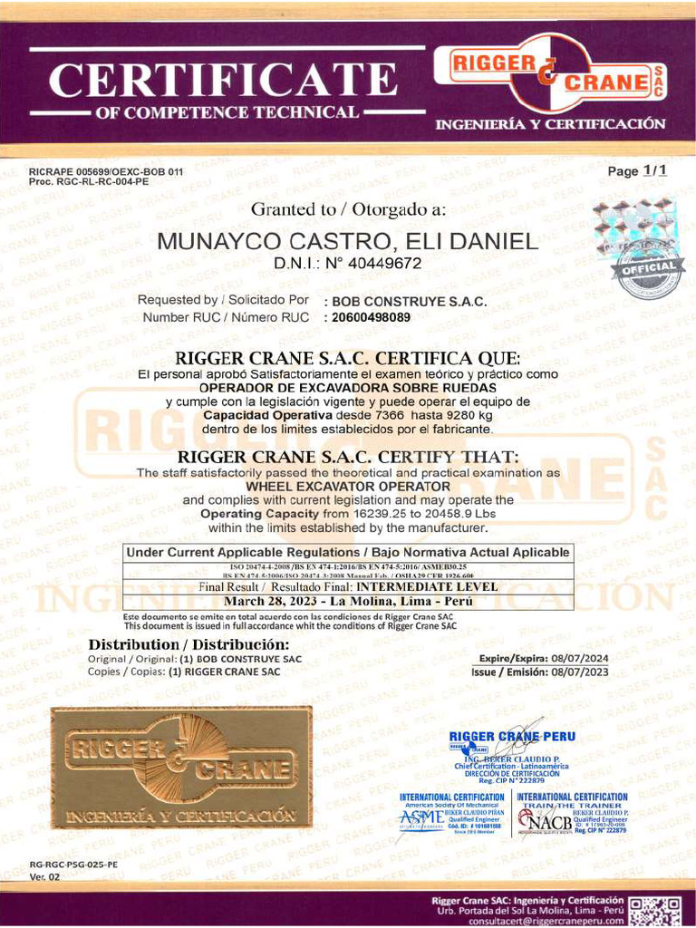 Cert. 005699OEXC-BOB 011 - MUNAYCO CASTRO, ELI DANIEL-1 | PDF