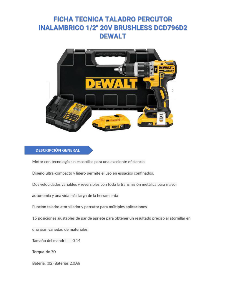 Ficha Técnica Taladro Dewalt DCD796D2 | PDF