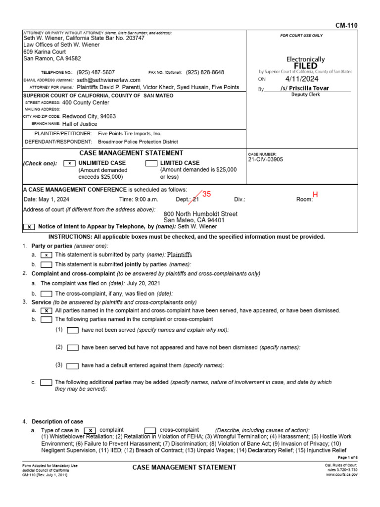 California Case Management Statement | PDF | Lawsuit | Discovery (Law)
