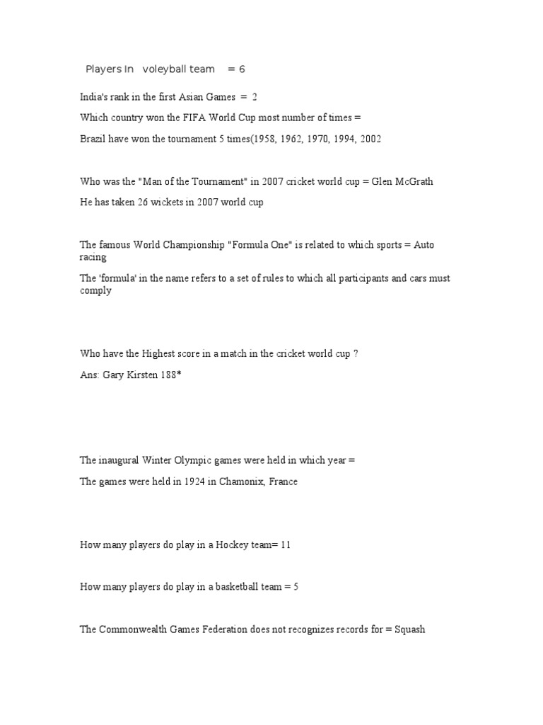 Sports General Knowledge Quiz | PDF | Fifa World Cup | Olympic Games