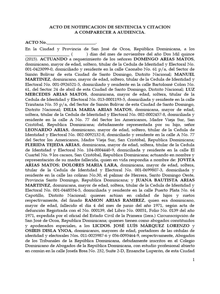 Acto de Notificacion de Sentencia Particion Corte de Apelacion San ... Acto de Notificacion de Sentencia Particion Corte de Apelacion San ...