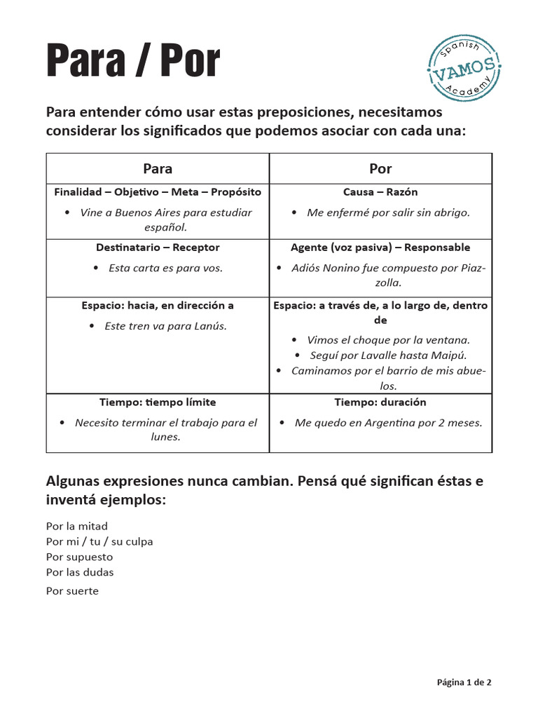 Uso de "para" y "por" en español | PDF
