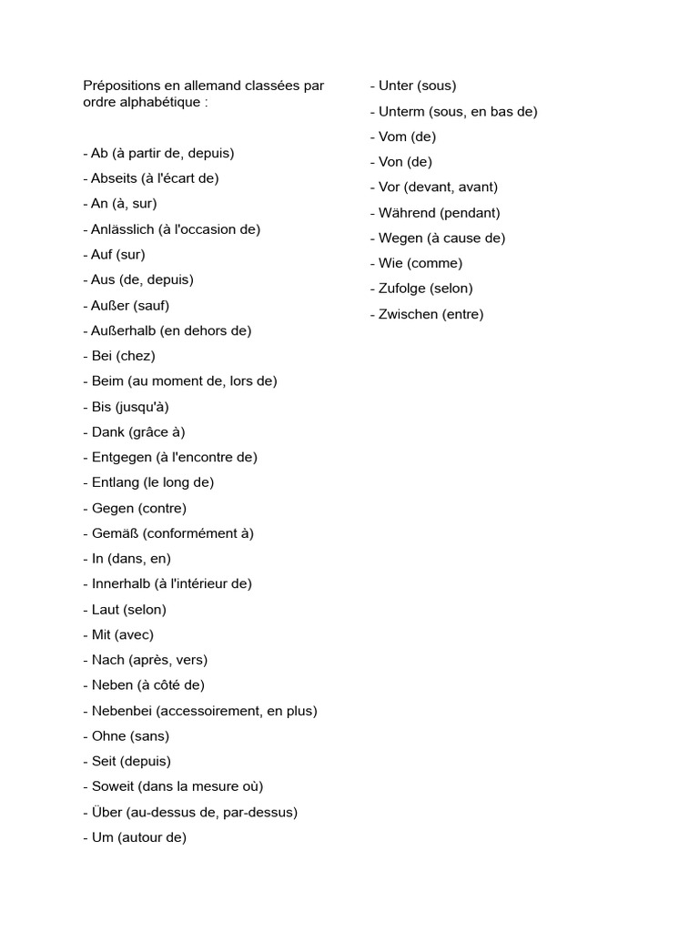 Prépositions en allemand : liste complète | PDF