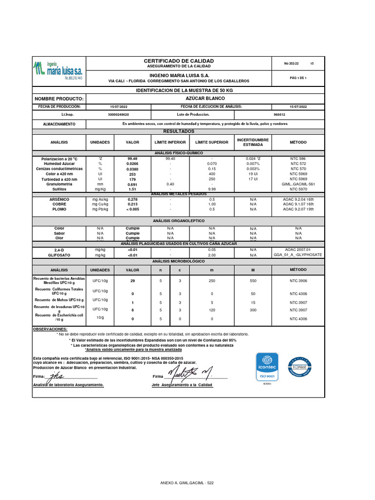 Certificado de Azucar - 2022 (15!07!2022) 50 KG - XLSM | PDF | Ciencia ...