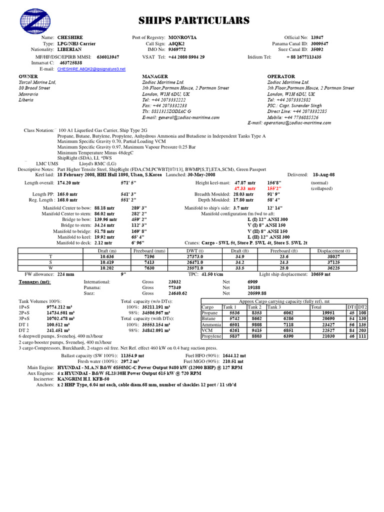MV Cheshire Ship Particulars | PDF | Shipping | Gases