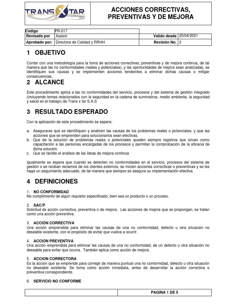 PR-017 ACCIONES CORRECTIVAS Y PREVENTIVAS.v2 | PDF | Auditoría