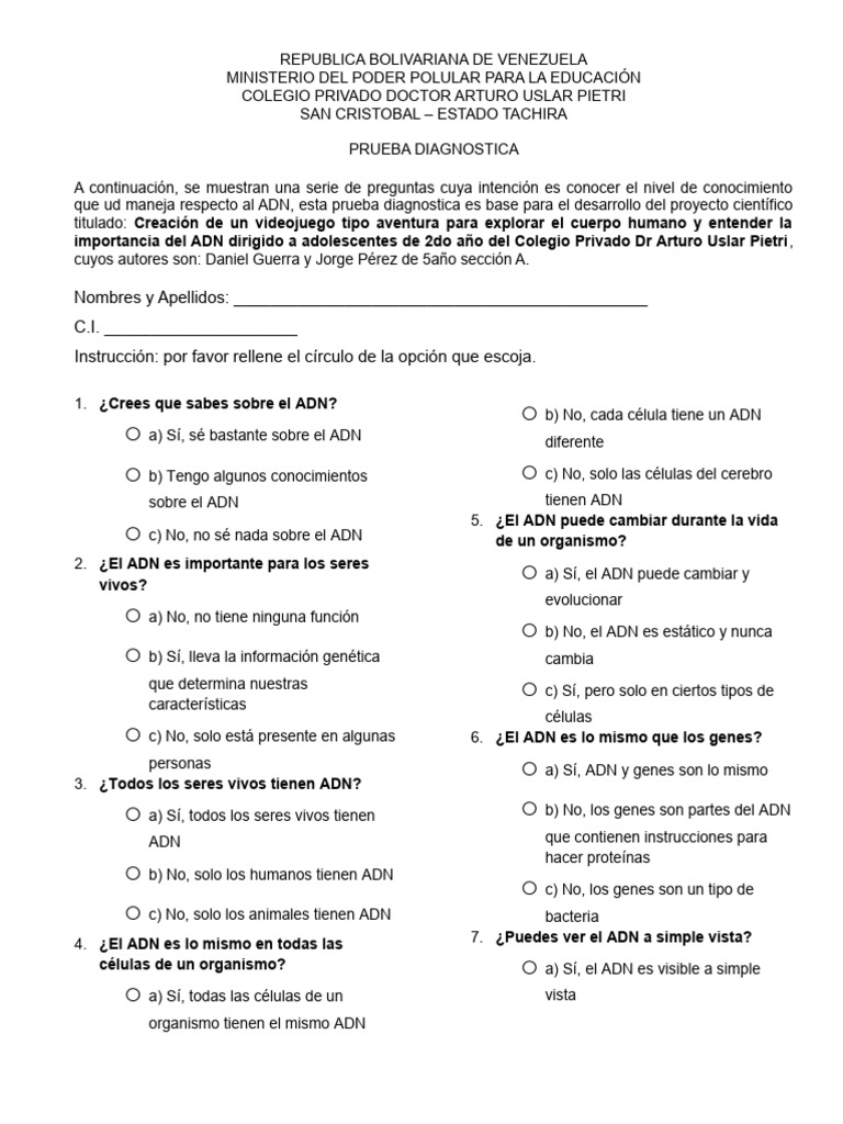 Prueba Diagnostica - Proyecto ADN - Jorge Perez - 5to A | Descargar gratis PDF | Adn | Gene