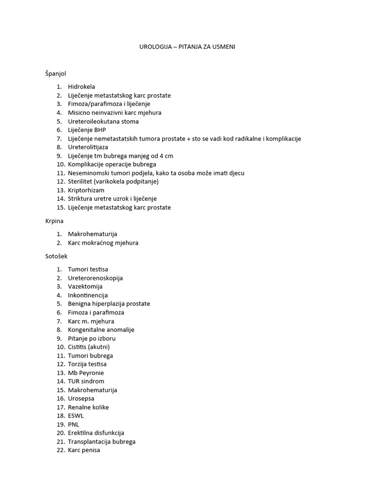 UROLOGIJA Pitanja Za Usmeni | PDF