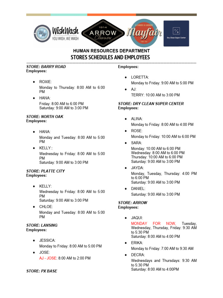 Store Employee Schedules Overview | PDF