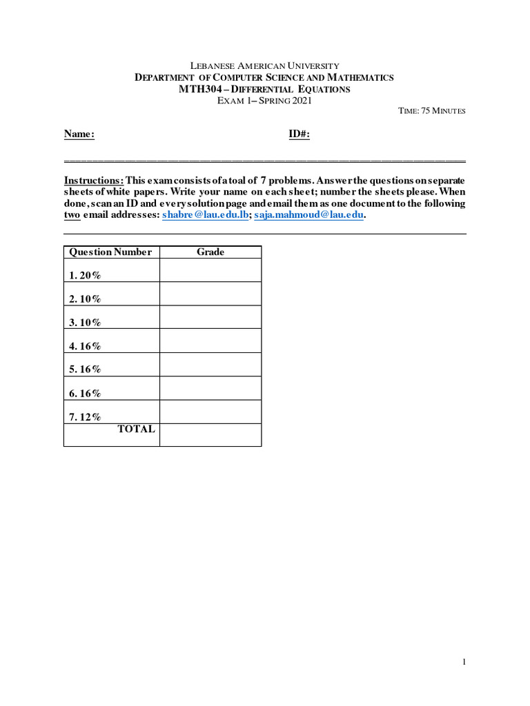 Mth304 Exam I Pdf Ordinary Differential Equation Equations