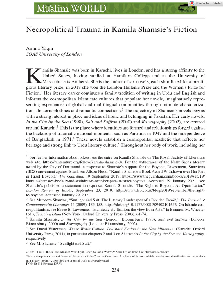 The Muslim World - 2021 - Yaqin - Necropolitical Trauma in Kamila Shamsie S Fiction | PDF