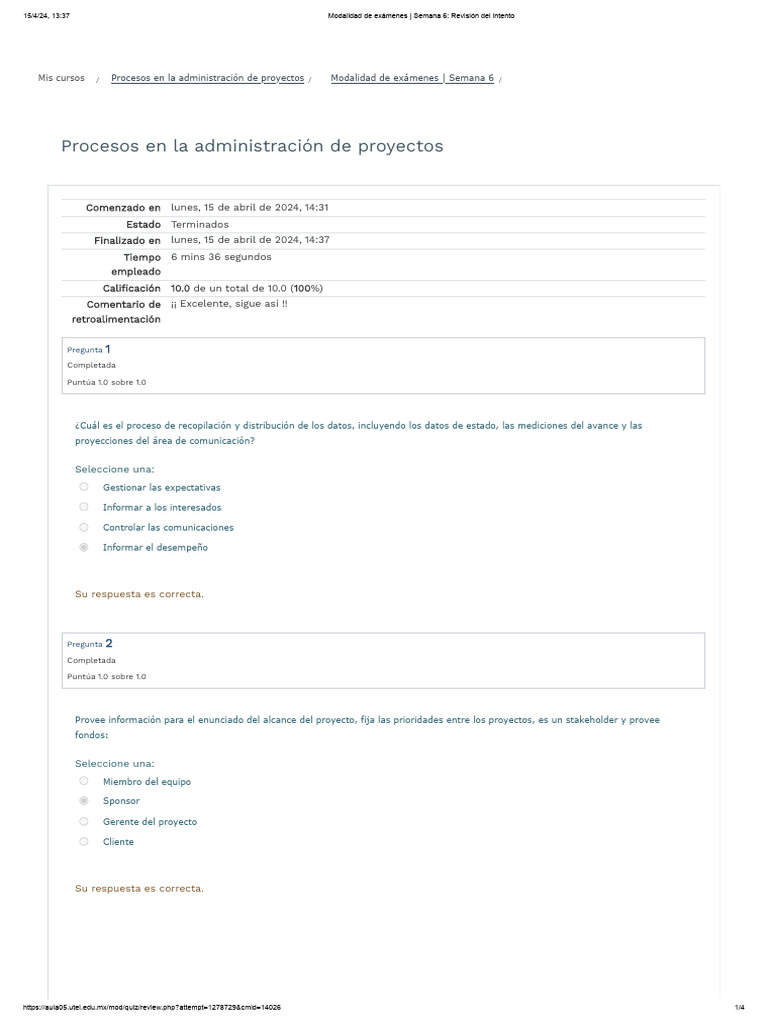 Procesos en La Administracion de Proyectos Modalidad de Exámenes - Semana 6 - Revisión Del ...