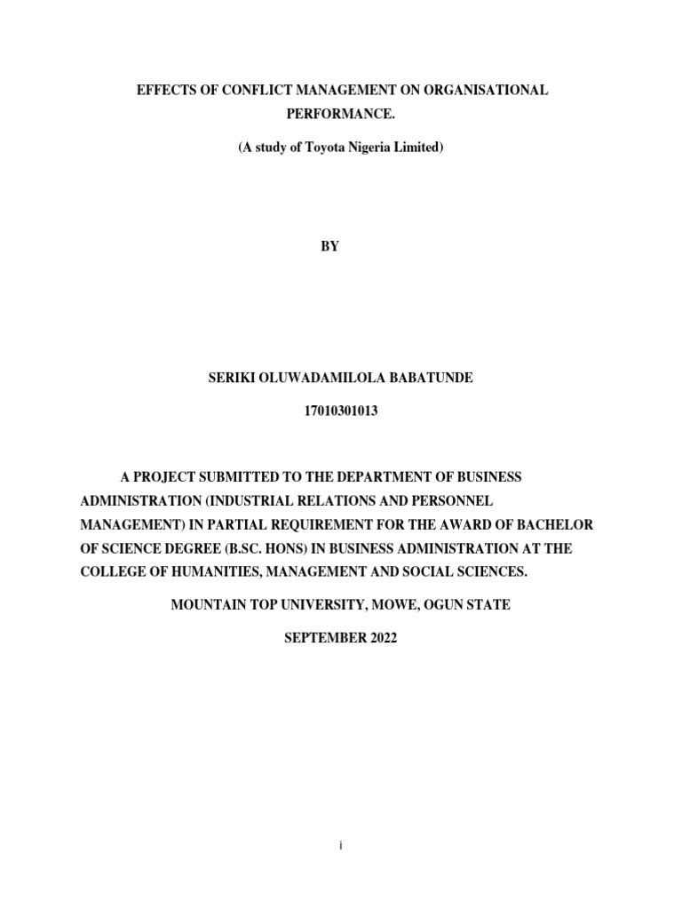 Conflict Management an Impetus for Effective Performance in an ... Conflict Management an Impetus for Effective Performance in an ...