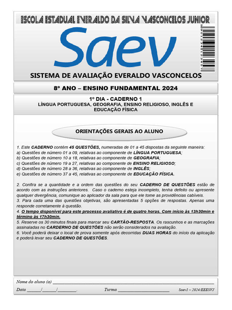 Prova SAEV 8º Ano 2024 - Caderno 1 | PDF