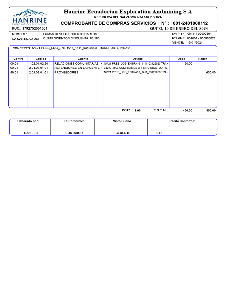 Hanrine Ecuadorian Exploration Andmining S A: Comprobante de Compras ...