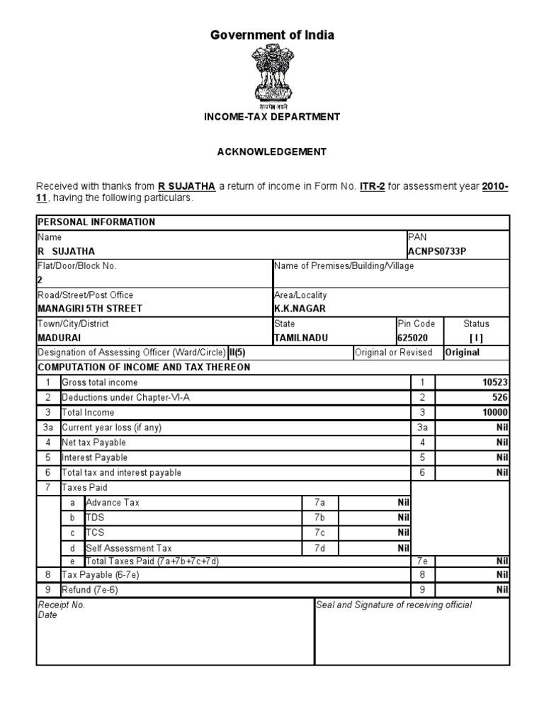 ITR-2 Acknowledgement for AY 2010-11 | PDF | Capital Gains Tax | Tax ...