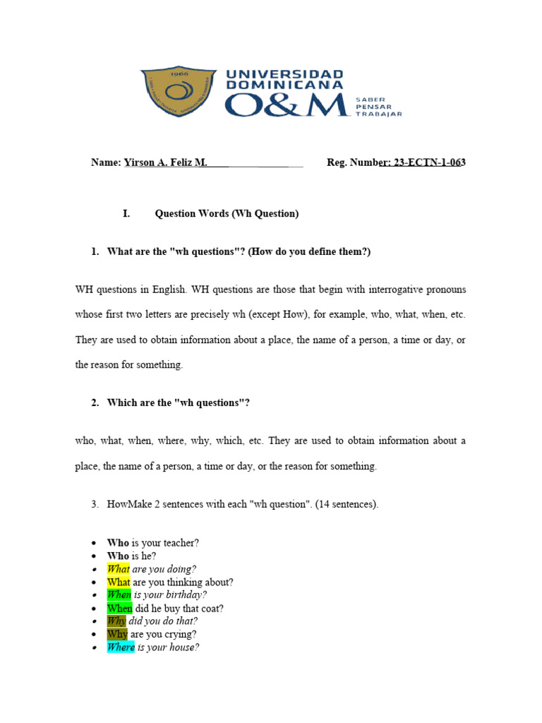 WH Questions & Ordinal Numbers Guide | PDF | Question | Linguistic Typology