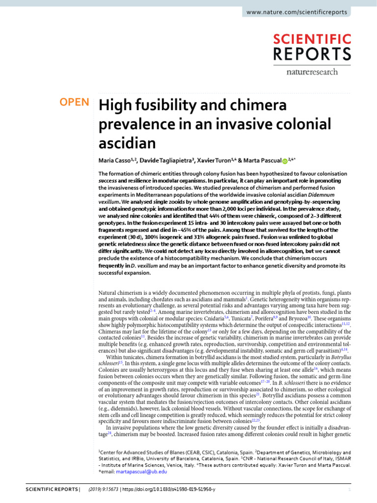 High Fusibility and Chimera Prevalence in An Invasive Colonial Ascidian ...