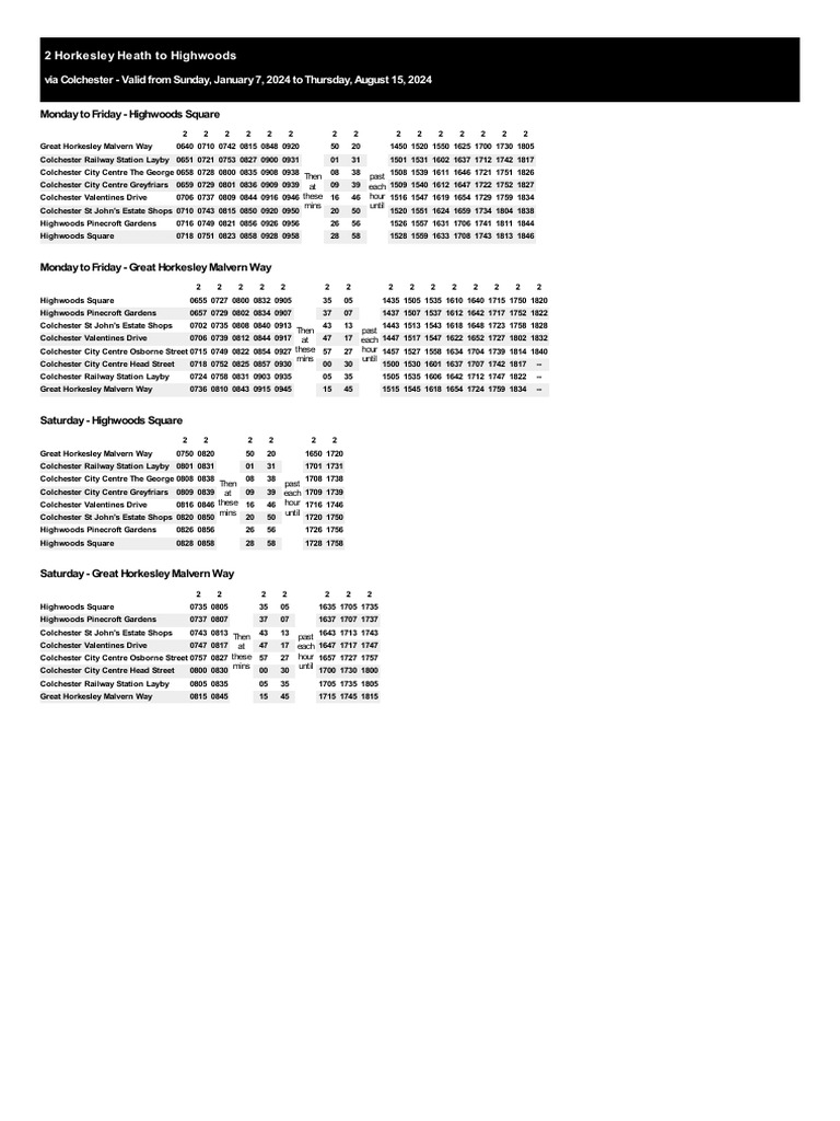 Number 2 Bus Timetable Colchester | PDF