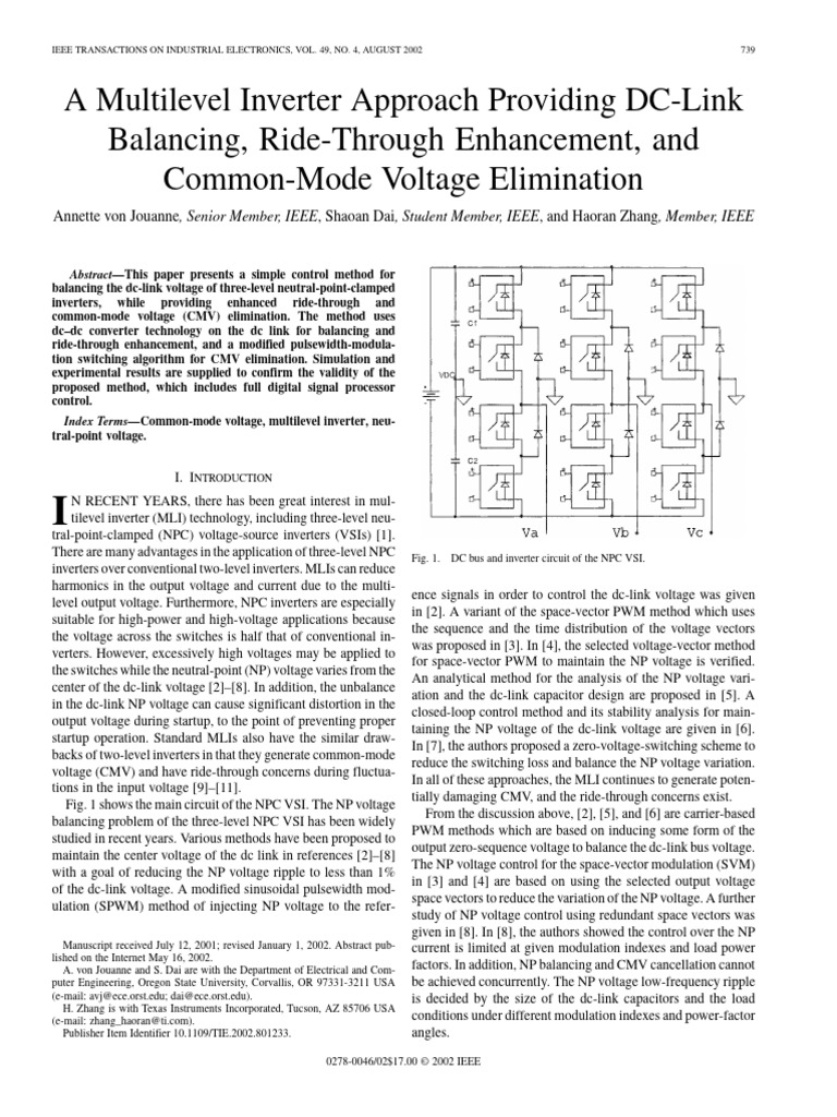 A Multilevel Inverter Approach Providing DC-Link Balancing, Ride ...