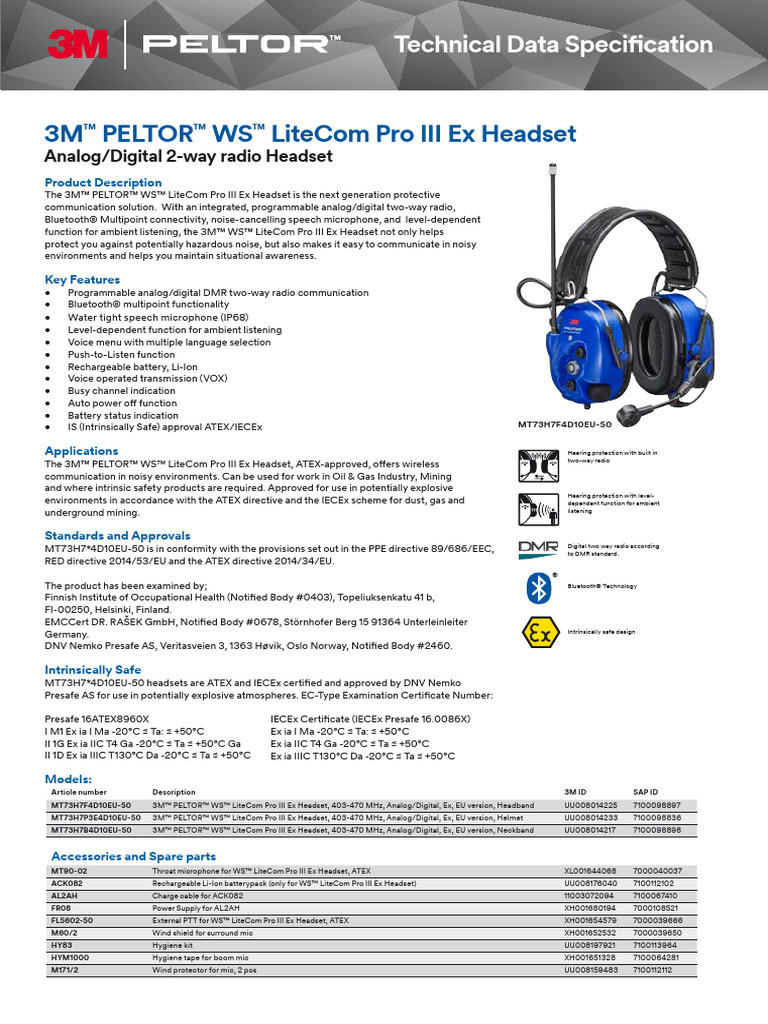 3M™ PELTOR™ WS™ LiteCom Pro III Ex Headset | PDF | Microphone | Frequency Modulation