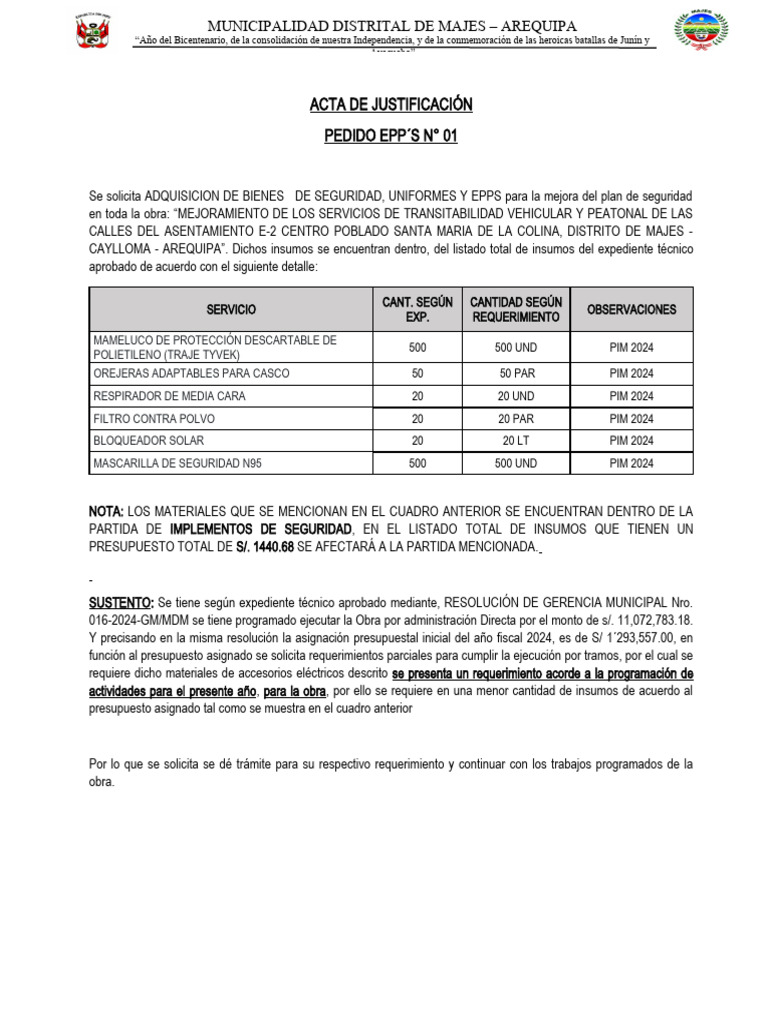 ACTA DE JUSTIFICACION Pedido EPP 01 | PDF | Presupuesto